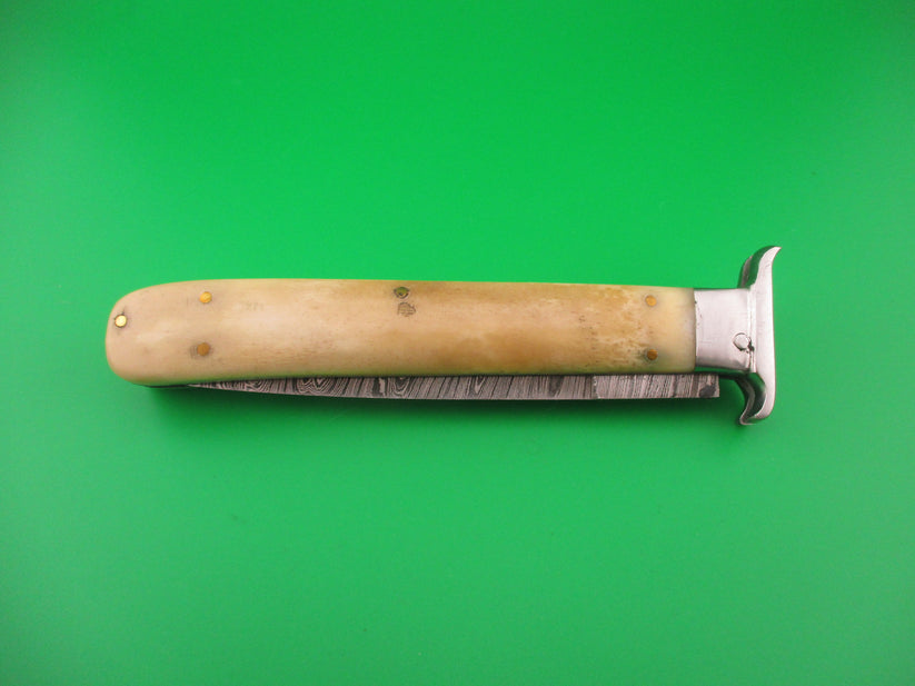 Custom 29cm Damascus Dagger grind Oval Button Smooth bone automatic kn ...
