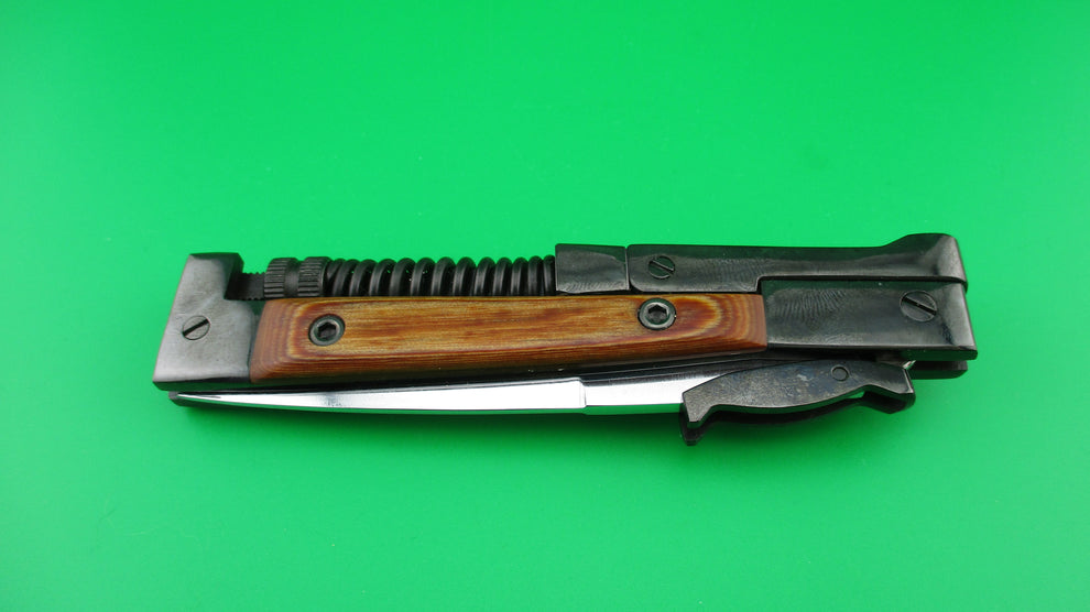 AK47 Soviet style 22cm Automatic coil spring knife w Blued steel & woo ...