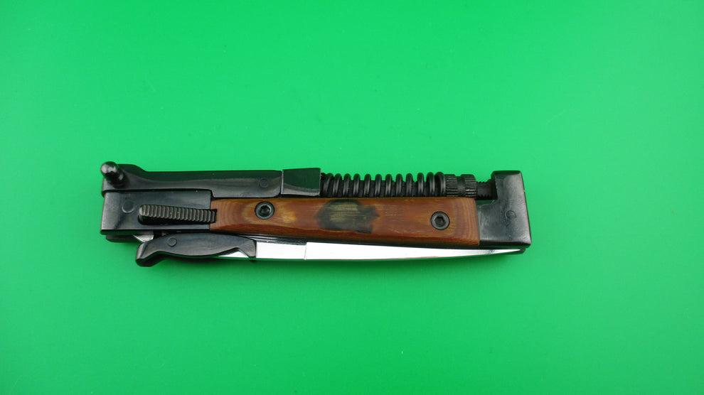 AK47 Soviet style 22cm Automatic coil spring knife w Blued steel & woo ...