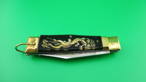 STAINLESS STEEL 19cm Japanese BLACK Double Dragon switchblade knife ...