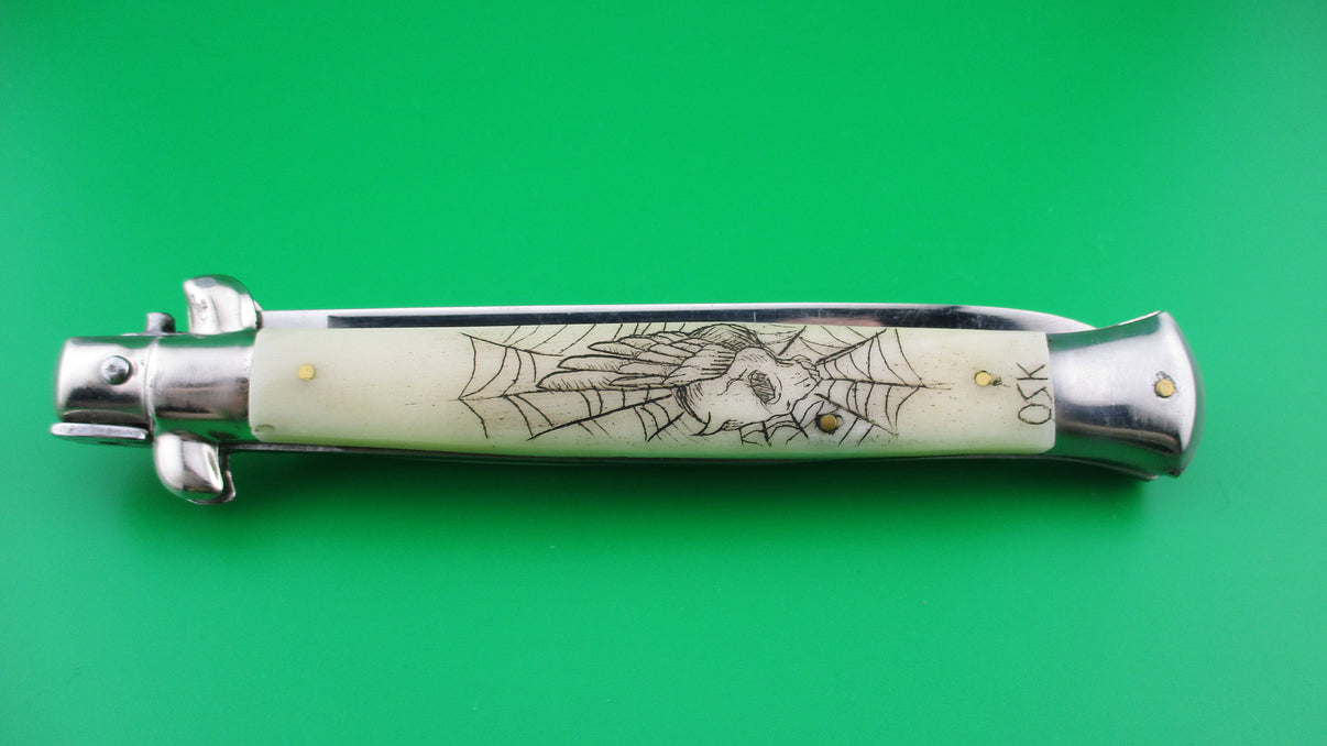 J INOX 28cm Italian Stiletto Scrimshaw Spiders & Webs automatic knife ...