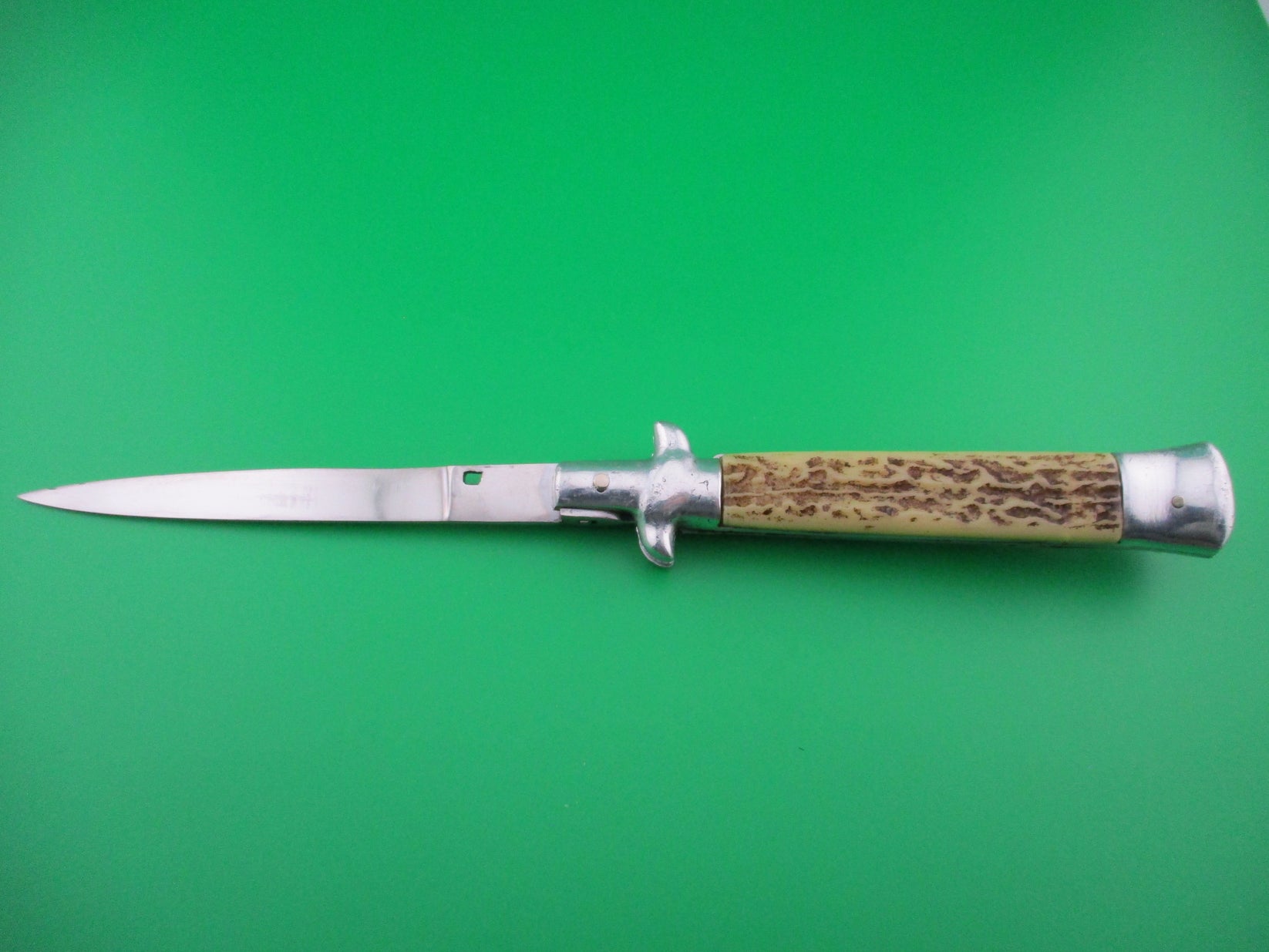 Spanish Stiletto switchblade faux stag – Apple Valley Knives