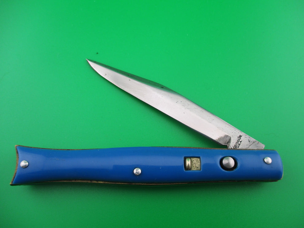 z Edgemaster fishtail blue vintage switchblade – Apple Valley Knives