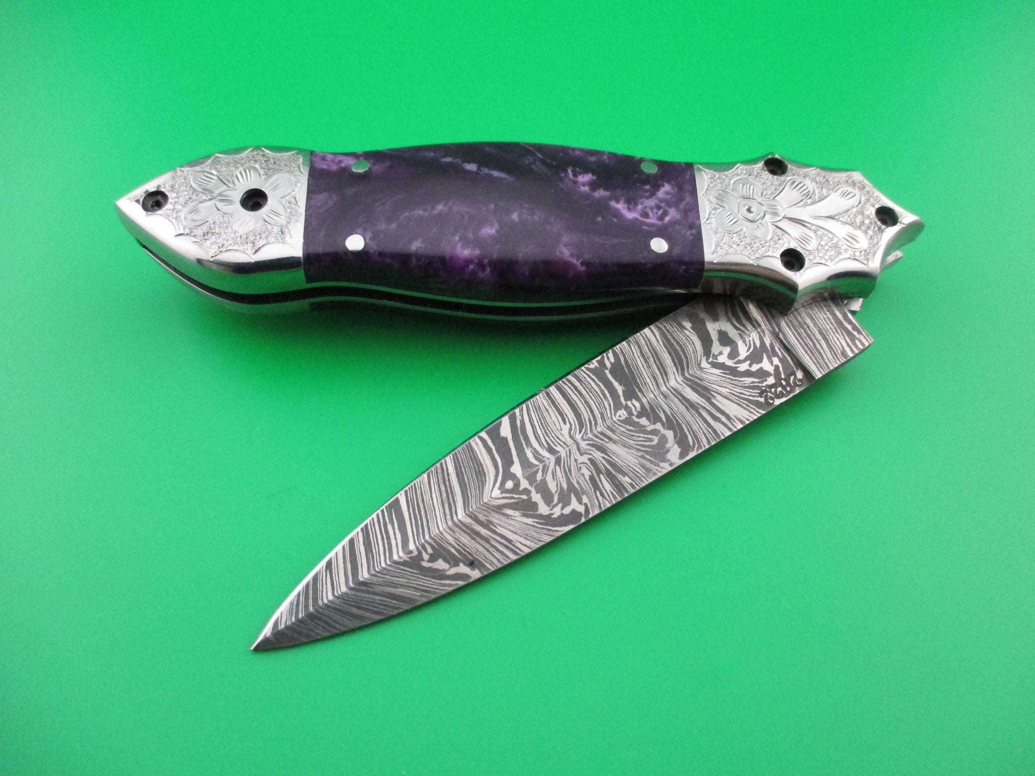 z Damascus Purple Custom switchblade – Apple Valley Knives
