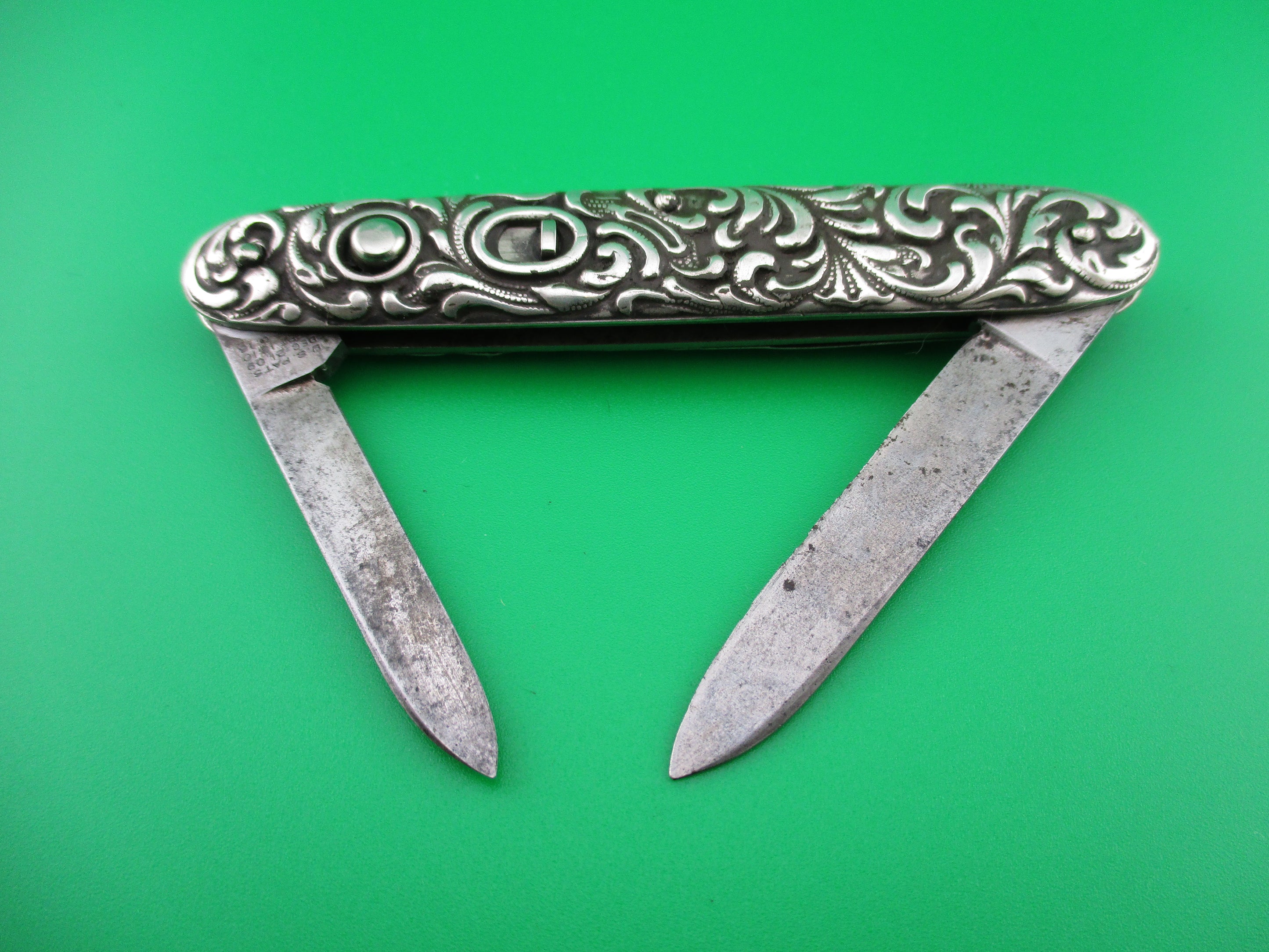 Schrade Cut Co medium double Sterling Silver Scroll switchblade knife ...