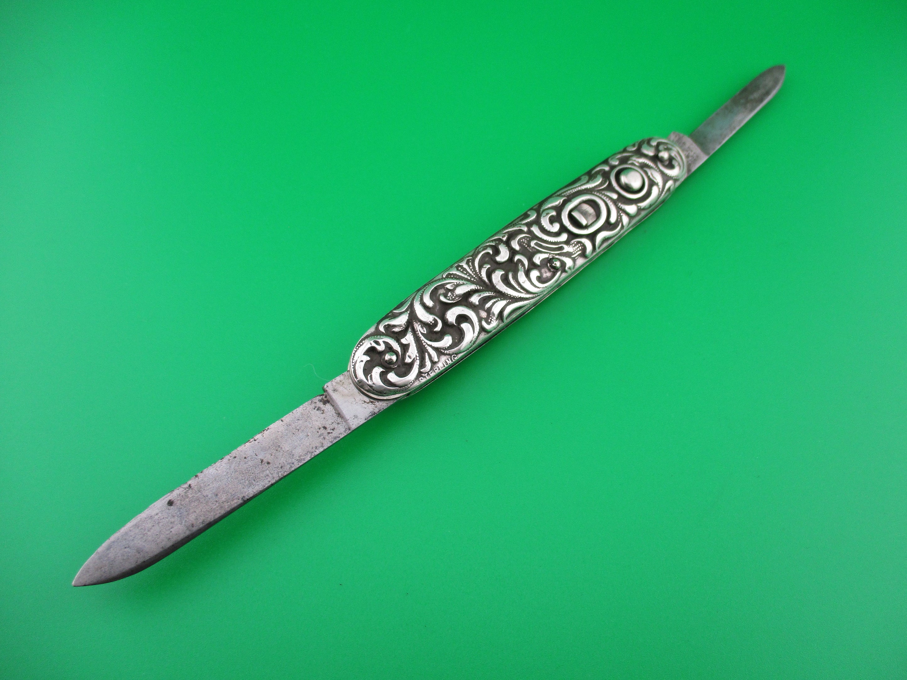 Schrade Cut Co medium double Sterling Silver Scroll switchblade knife ...