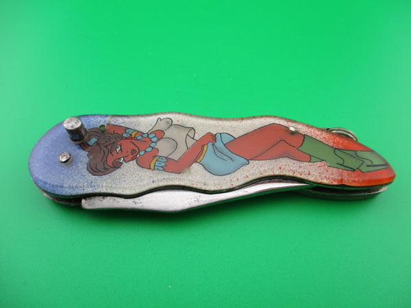 Russian Prison knife Attractive Woman Pinup switchblade light blue ski ...