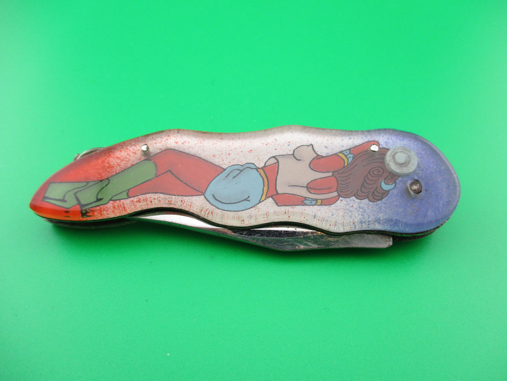 Russian Prison knife Attractive Woman Pinup switchblade light blue ski ...