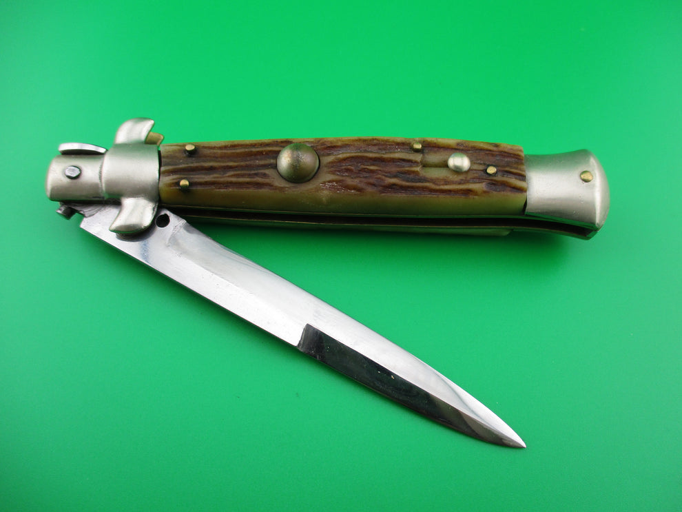 M Italy INOX 23cm Italian Stag Transitional stiletto switchblade knife ...