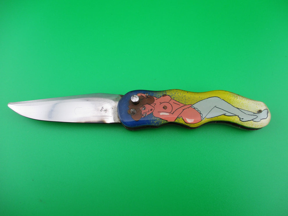 Russian Prison knife Sexy Woman pinup switchblade light blue stockings ...