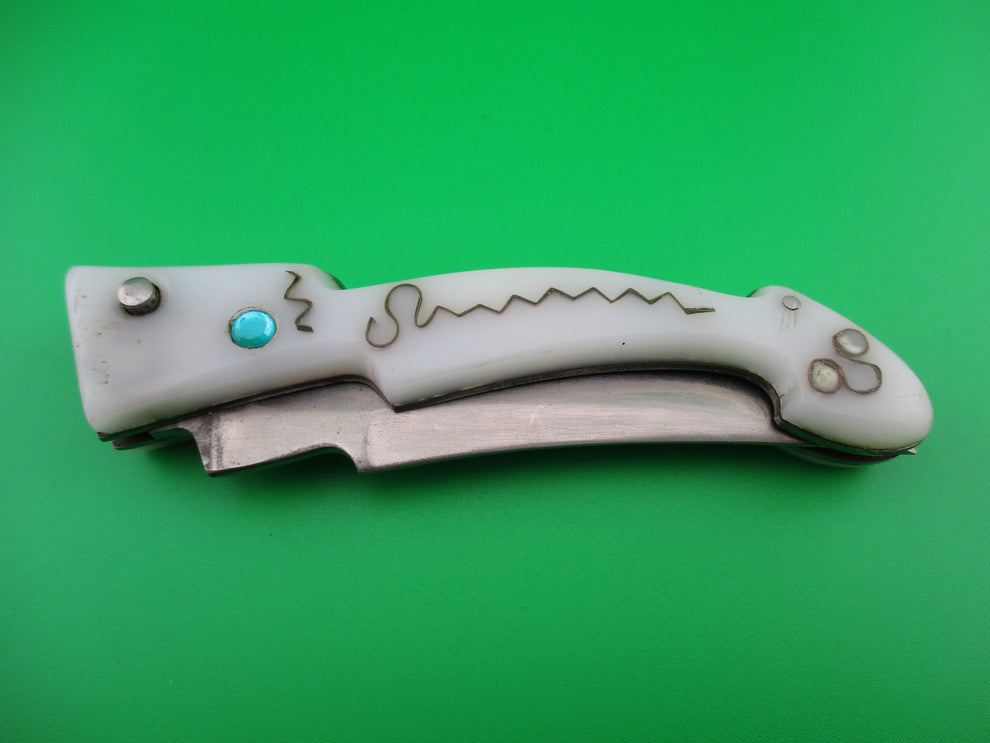 Russian RPK 19cm Weird Leg knife switchblade white copper inlay blue s ...